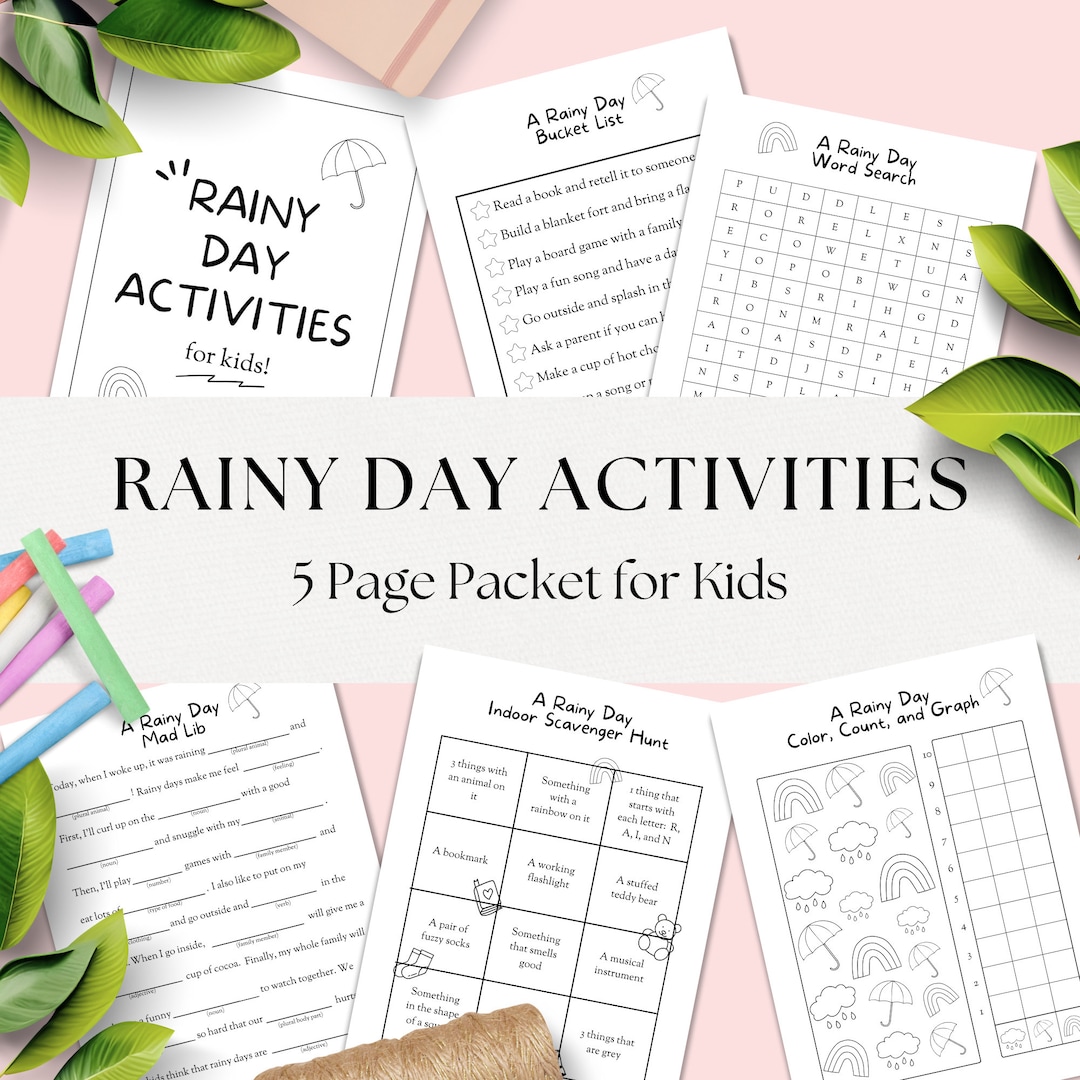 Rainy Day Activities for Kids, Printable Rainy Day Packet, 5 Page Black ...