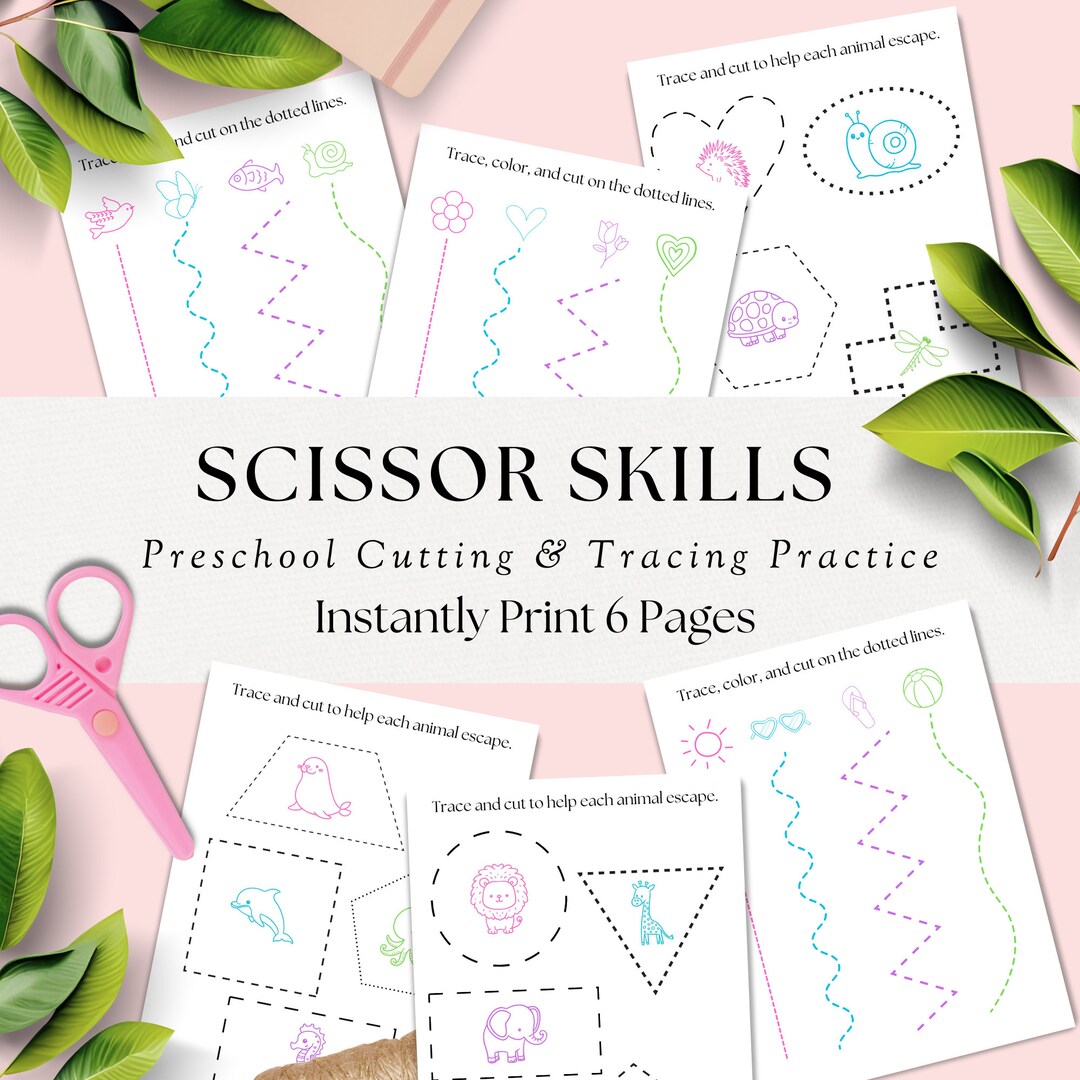 Preschool Scissor Skills Printable Color Worksheet Packet, Kids Tracing ...