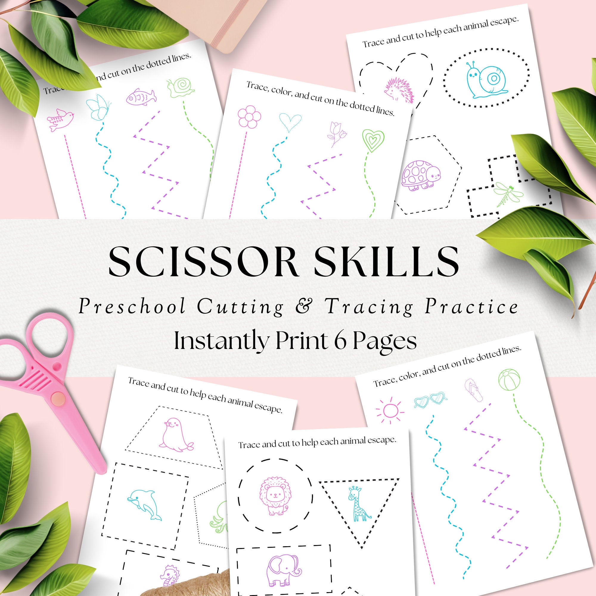 Preschool Scissor Skills Printable Color Worksheet Packet, Kids Tracing ...