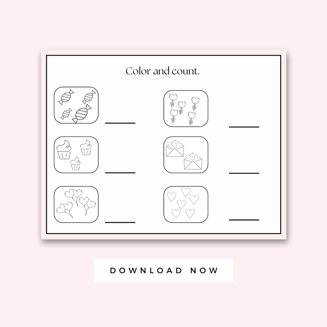 Color and Count Valentine's Day Worksheet for Kids, Instant Download ...