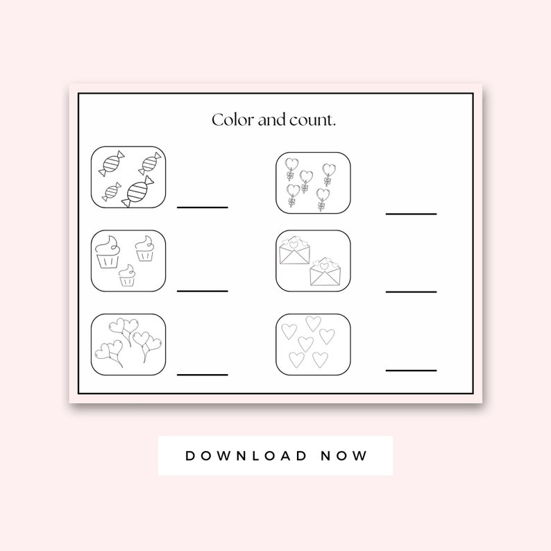Color and Count Valentine's Day Worksheet for Kids, Instant Download ...