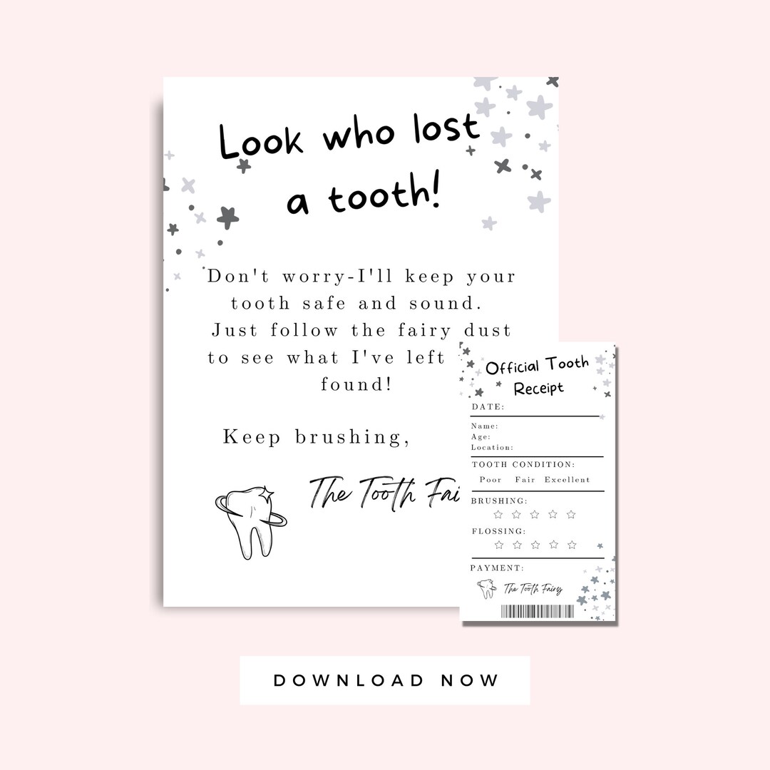 Tooth Fairy Letter and Lost Tooth Receipt for Kids Printable Black and ...