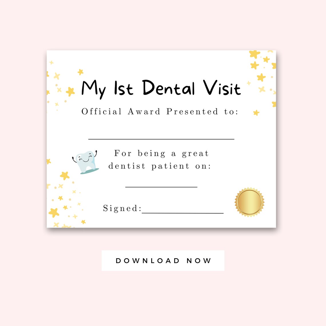 My 1st Dental Visit Official Certificate Printable, First Dentist Award ...