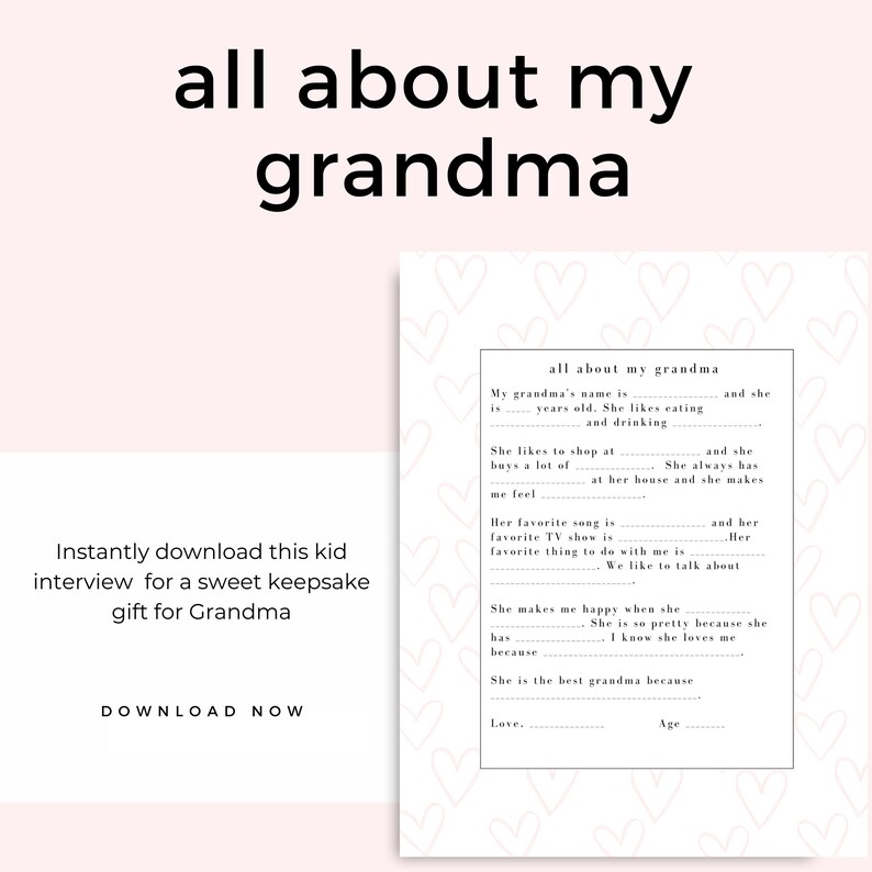 All About My Grandma Interview From Kids Printable Pink Hearts, Mother ...