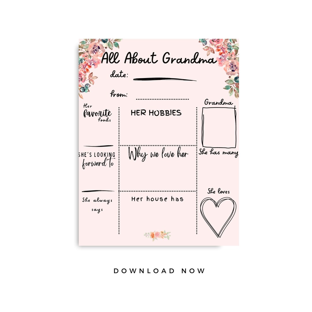 All About Grandma Printable Card Pink Flowers, Grandma Mother's Day ...