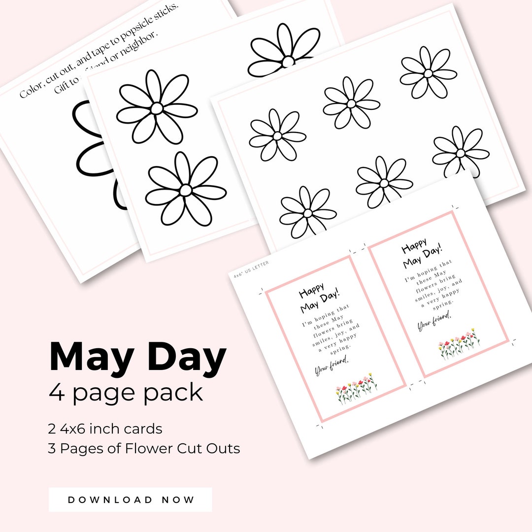May Day Cards for Kids Printable 4x6 Inch With Flower Cutouts, May Day ...