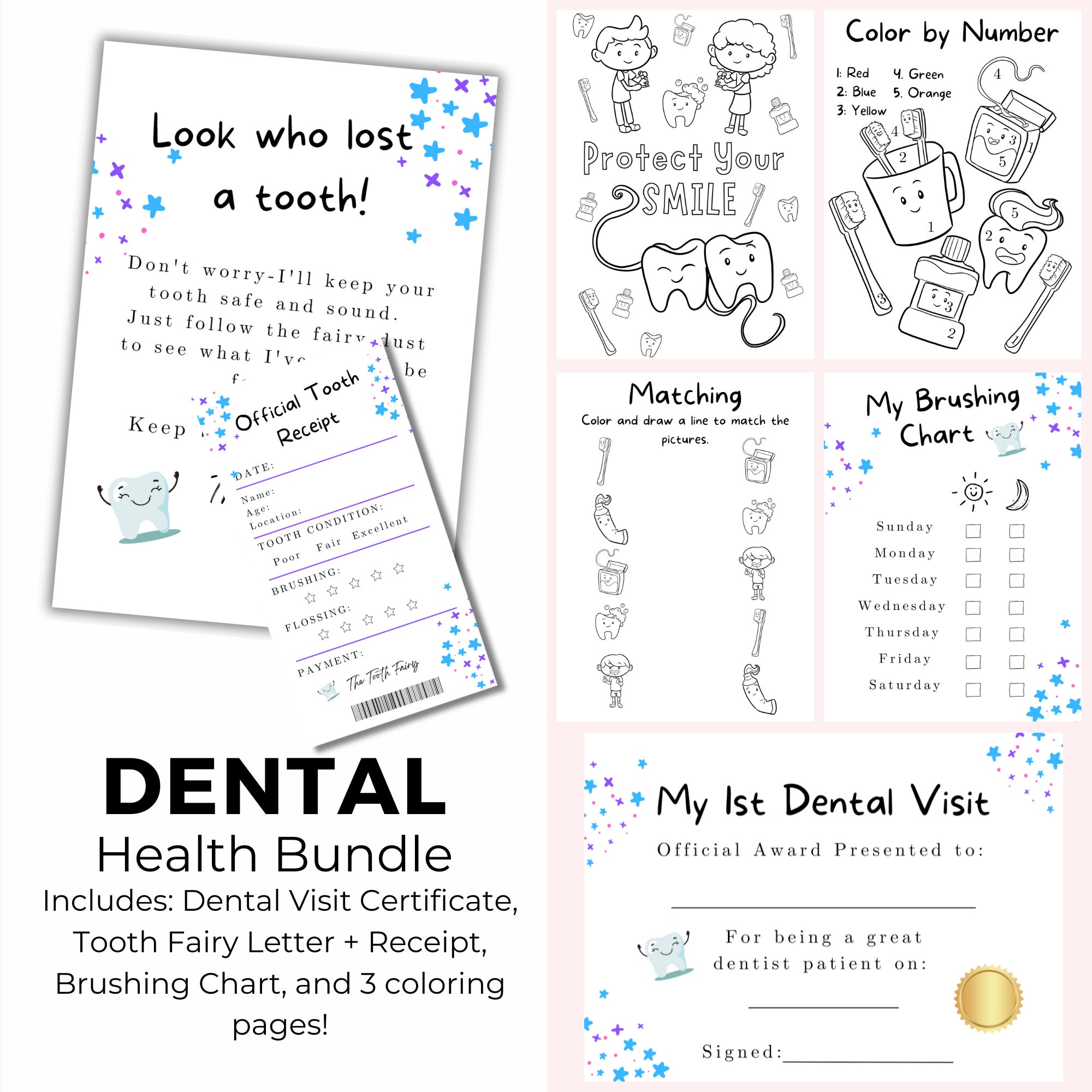 Dental Health Printable Activities for Kids 6 Pack, Tooth Fairy Letter ...