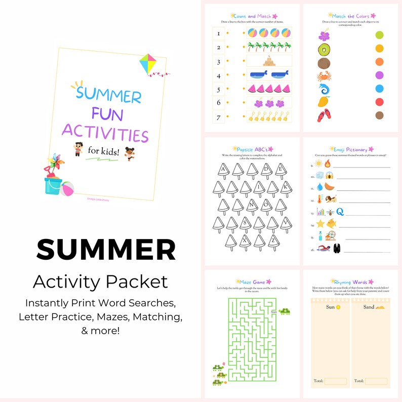 Summer Fun Activity Packet for Kids, 50 Multicolor Summer Worksheets ...