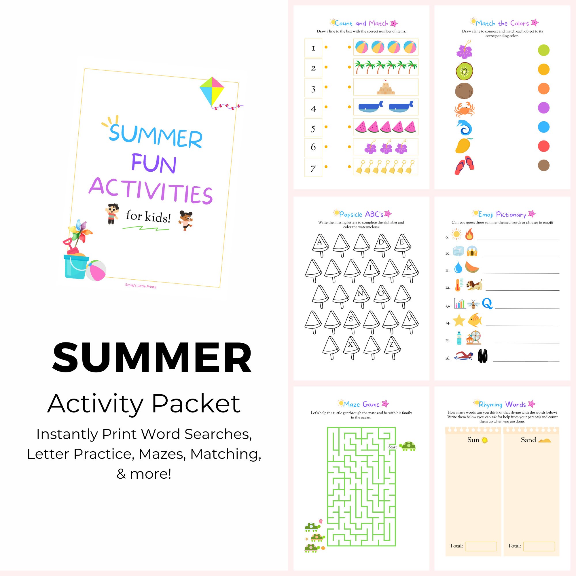 Summer Fun Activity Packet for Kids, 50 Multicolor Summer Worksheets ...