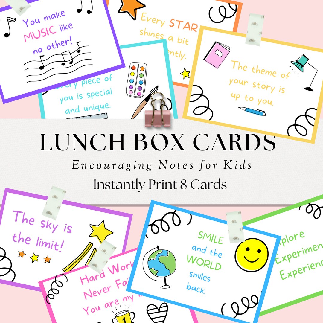 Lunch Box Notes for Kids, Printable Encouraging Cards, School Themed ...