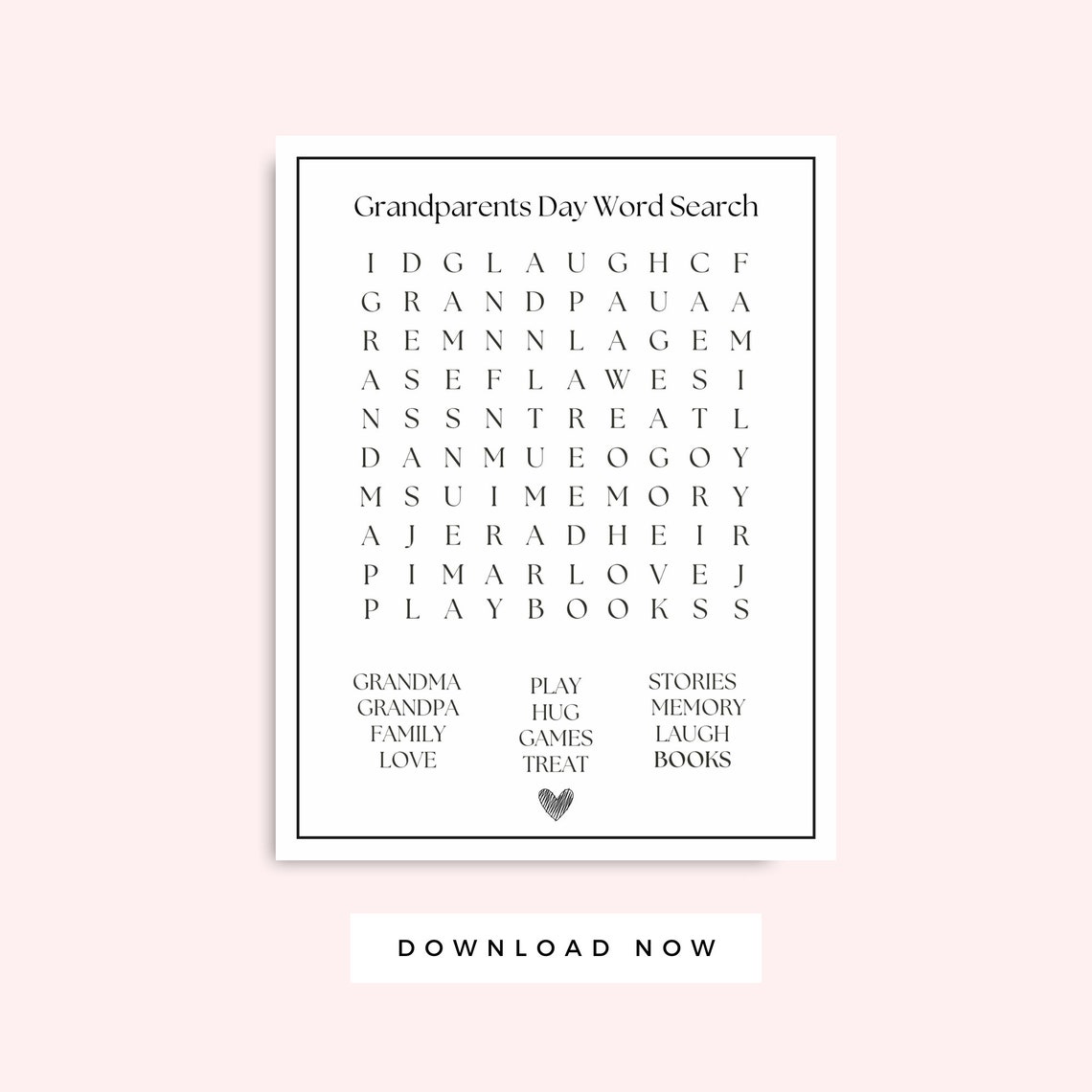 Grandparent's Day Printable Word Search Kid Activity, Black and White ...