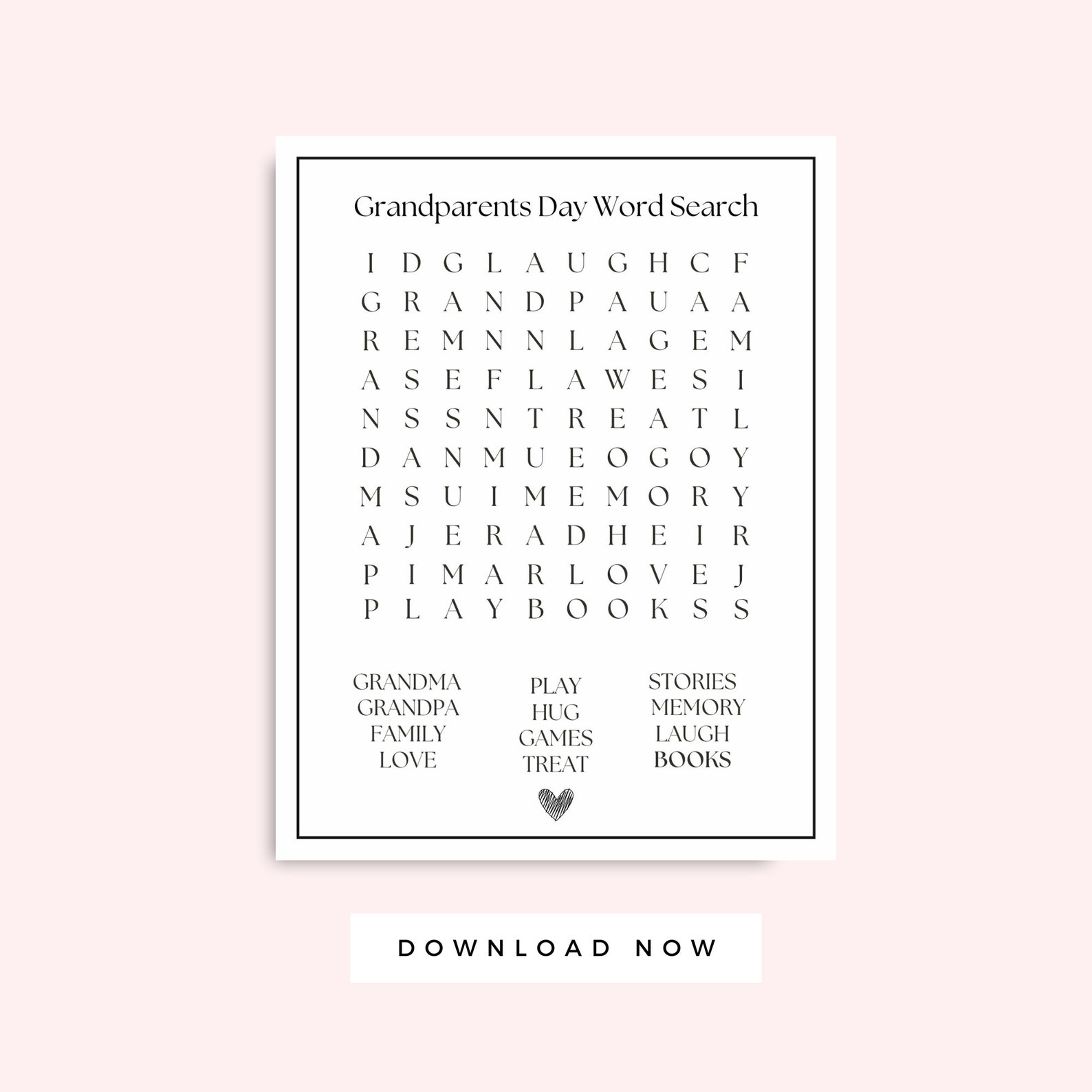 Grandparent's Day Printable Word Search Kid Activity, Black and White ...