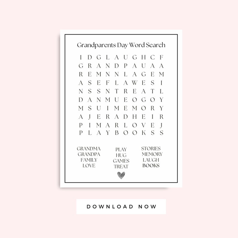 Grandparent's Day Printable Word Search Kid Activity, Black and White ...