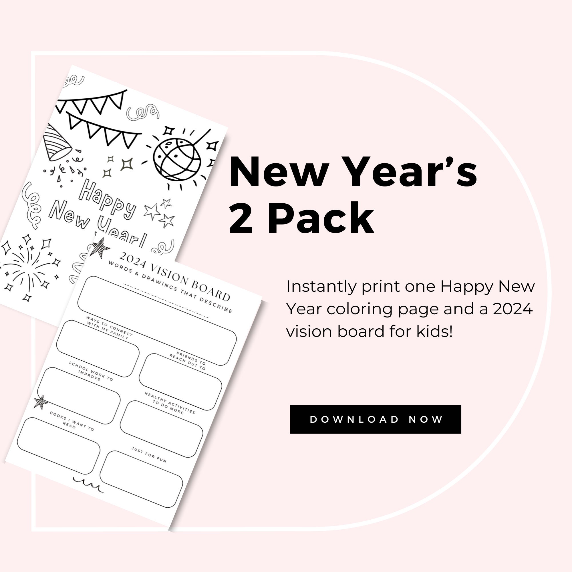 2024 Vision Board Printable for Kids, New Years Eve Coloring Page, New ...