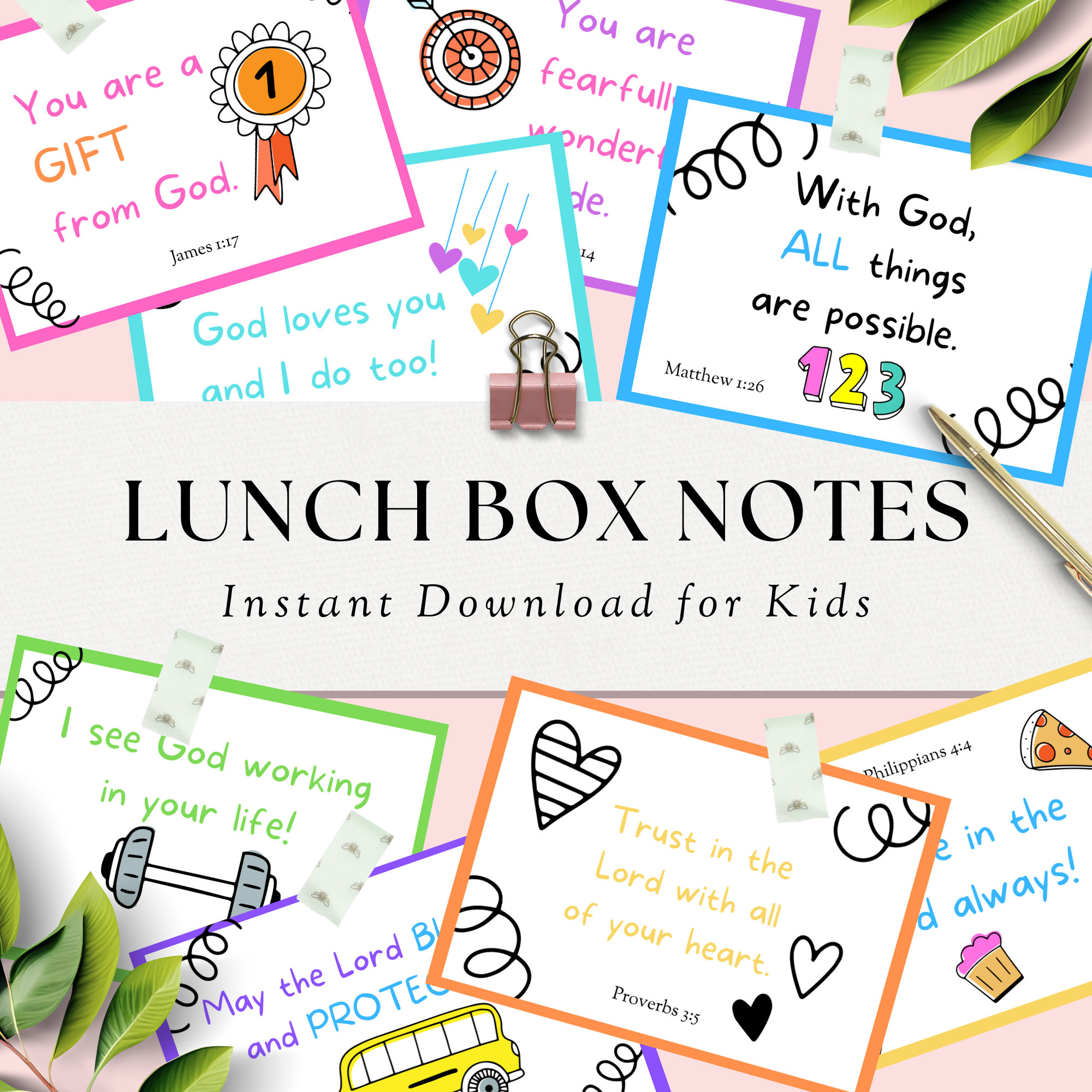 Christian Lunch Box Notes for Kids, Printable Encouraging Cards, Cute ...