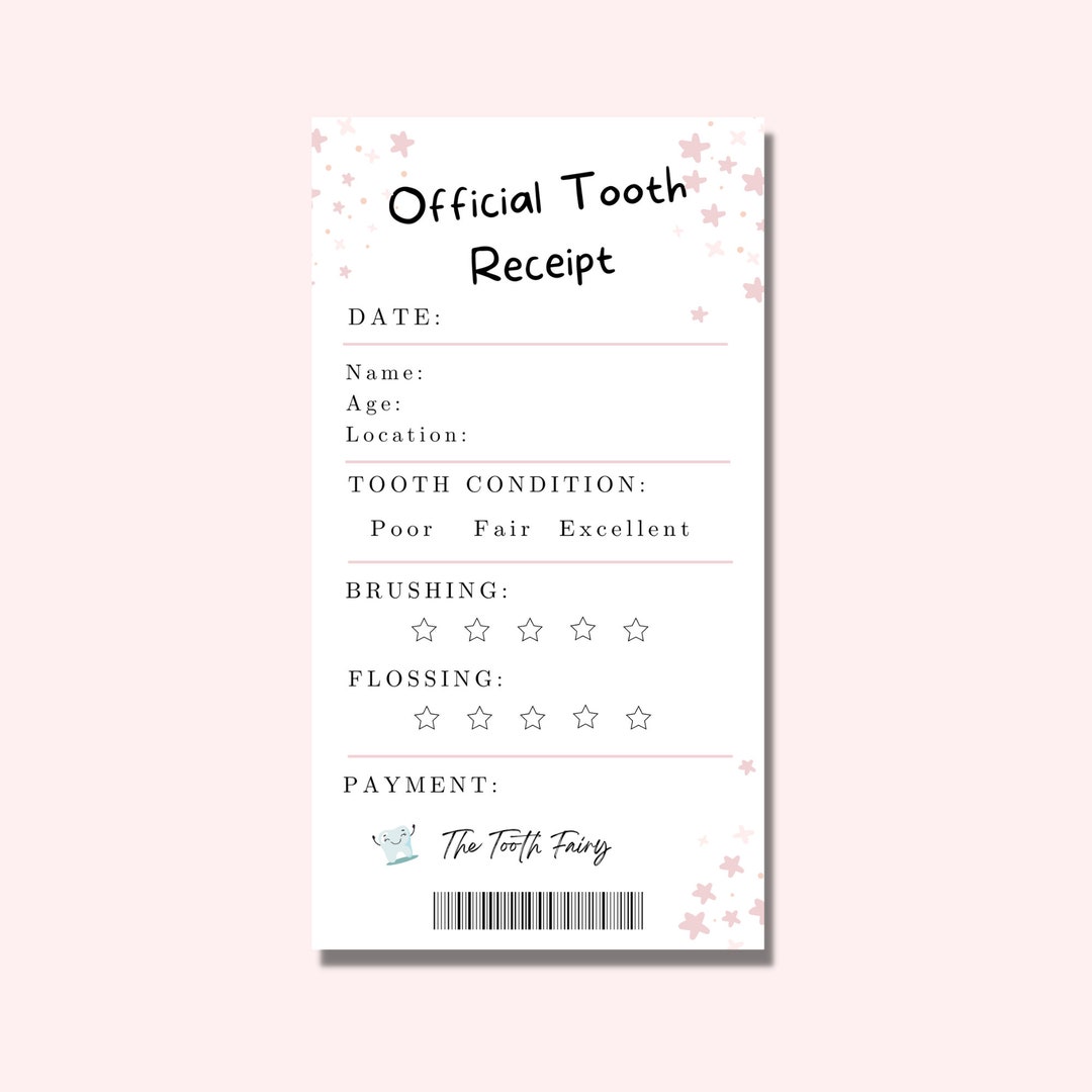 Tooth Fairy Receipt for Kids Printable, 3.5 X 6.5 Inch Pink Tooth Fairy ...