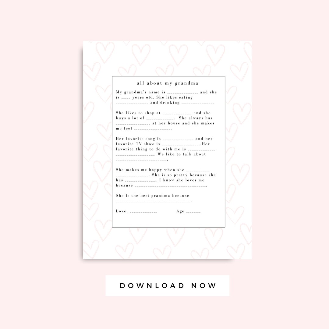 All About My Grandma Interview From Kids Printable Pink Hearts, Mother ...