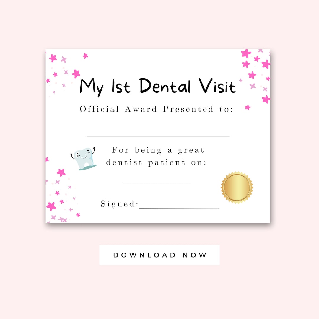 My 1st Dental Visit Official Certificate Printable, First Dentist Award ...