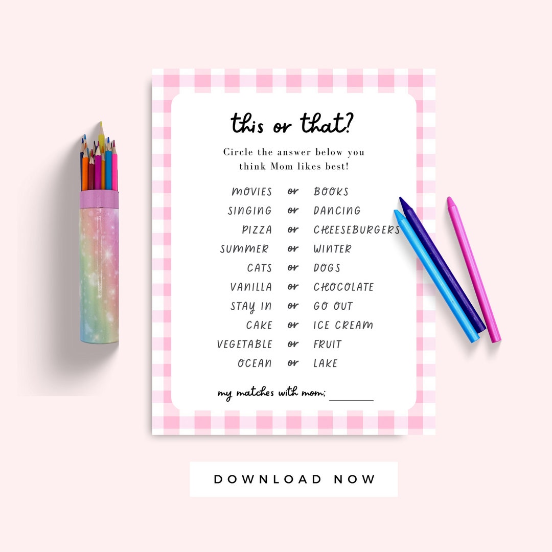 This or That Printable Game Mom Edition, Mother's Day Family Activity ...