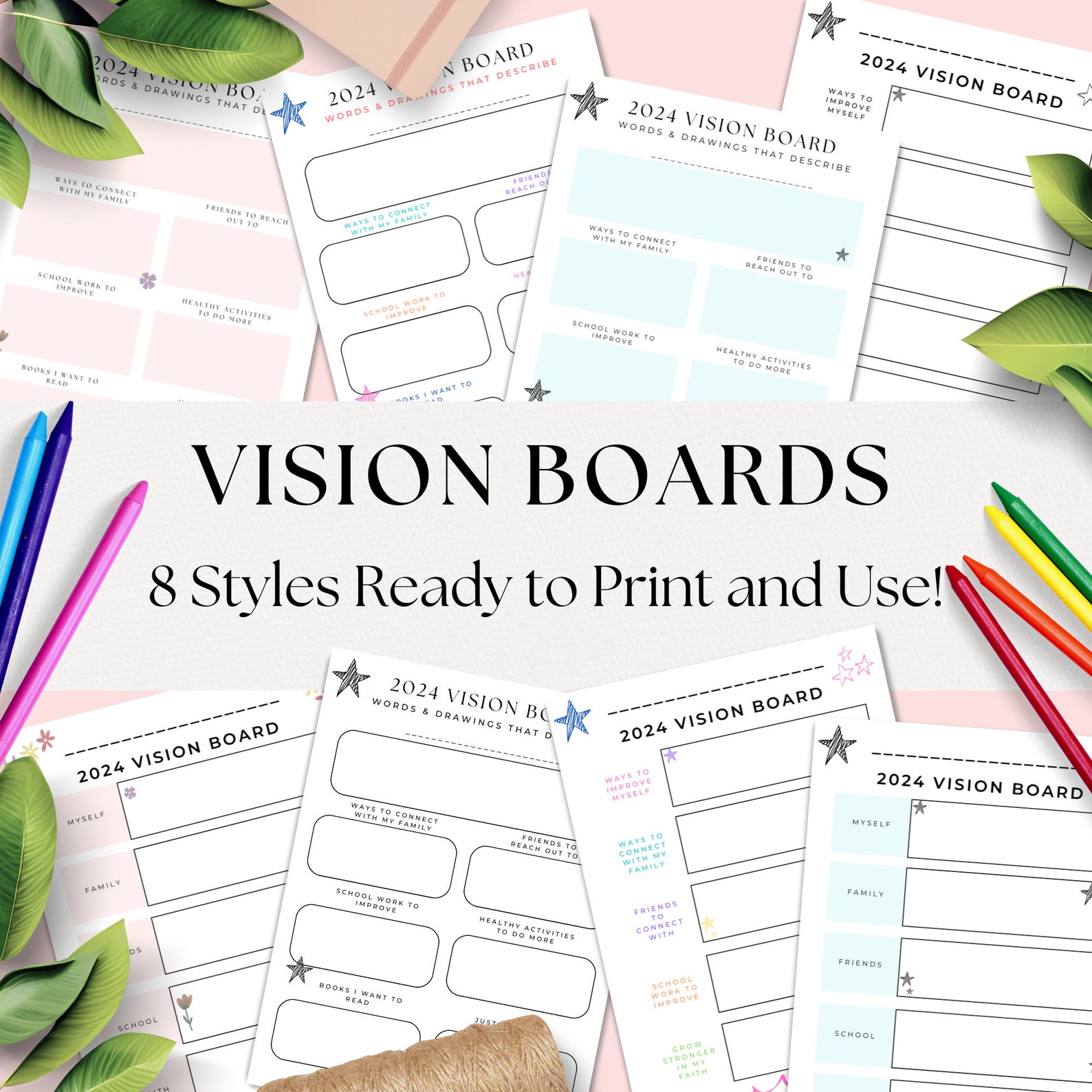 2024 Vision Board Printables for Kids, New Years Coloring Page, New ...