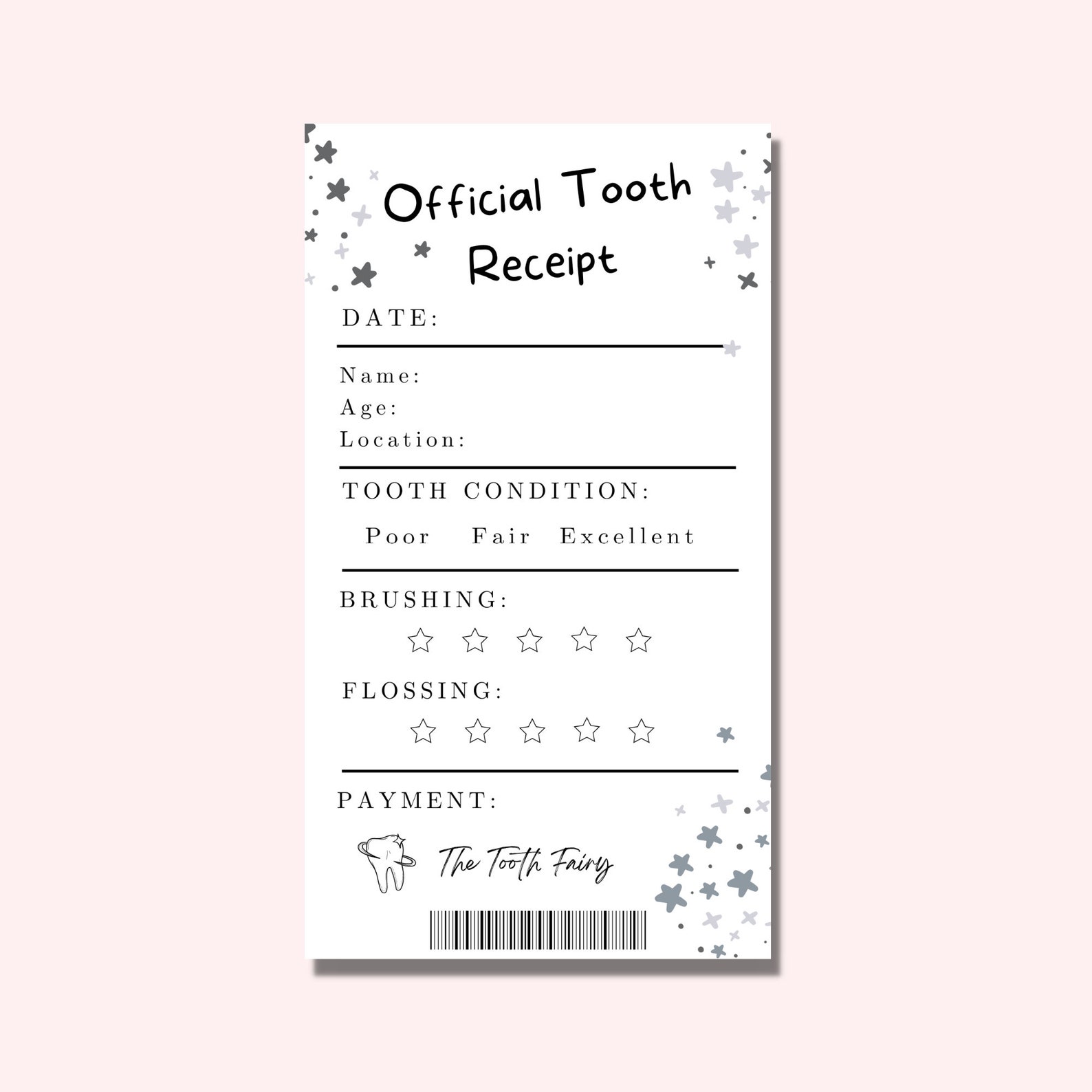 Tooth Fairy Letter and Lost Tooth Receipt for Kids Printable Black and ...
