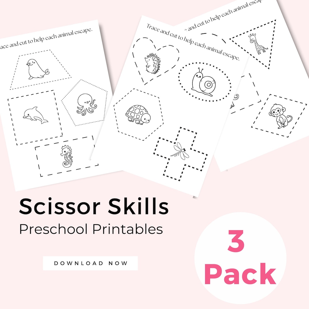 Scissor Skills for Preschool Printables, 3 Pack Worksheets B&W, Cutting ...