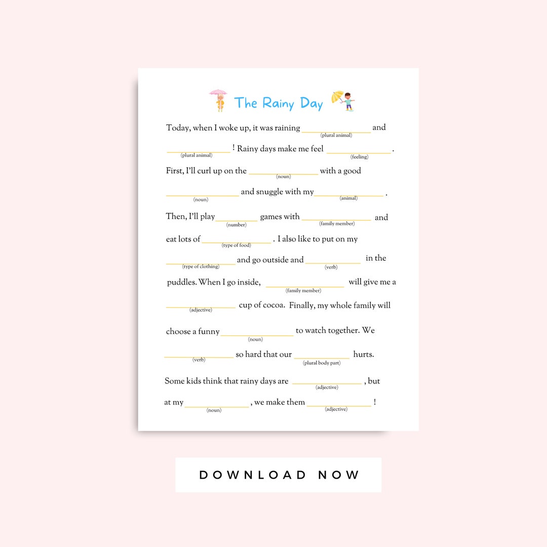 Rainy Day Activity for Kids, Family Mad Lib Game, Rainy Day Mad Lib ...