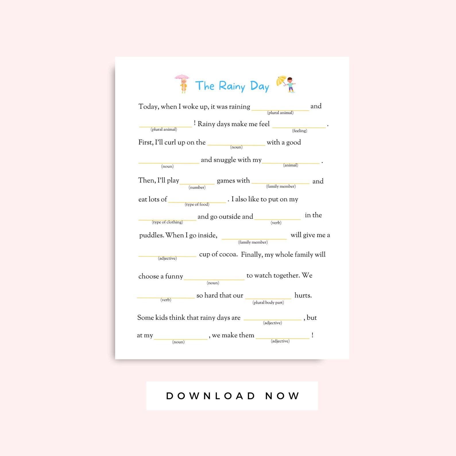 Rainy Day Activity for Kids, Family Mad Lib Game, Rainy Day Mad Lib ...