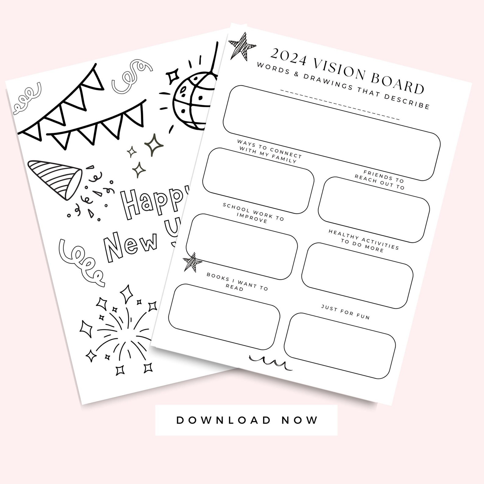 2024 Vision Board Printable for Kids, New Years Eve Coloring Page, New ...