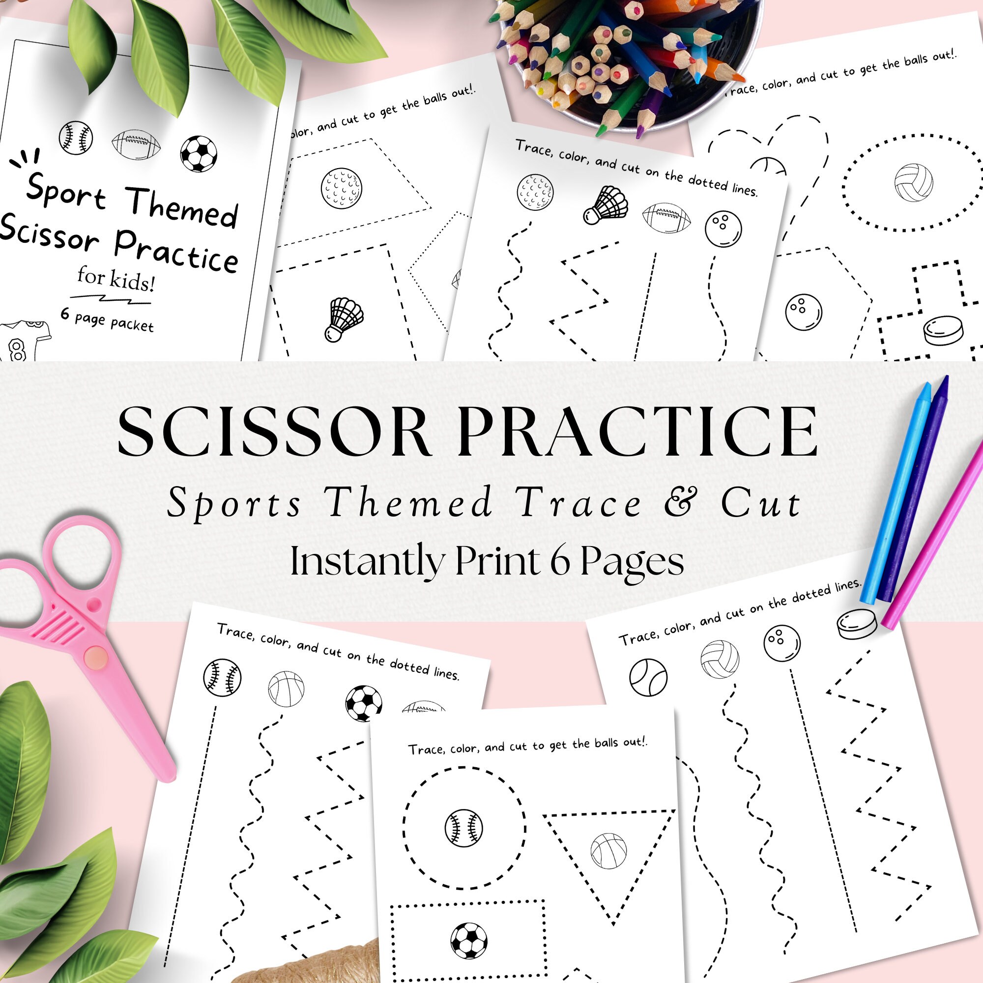 Preschool Scissor Skills Printable Worksheet Black and White Sports ...