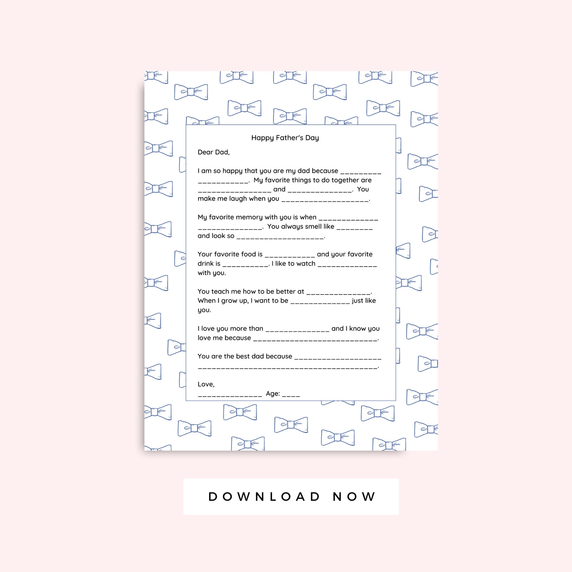 Father's Day Letter From Kids Printable Navy Bowties, Card for Dad ...