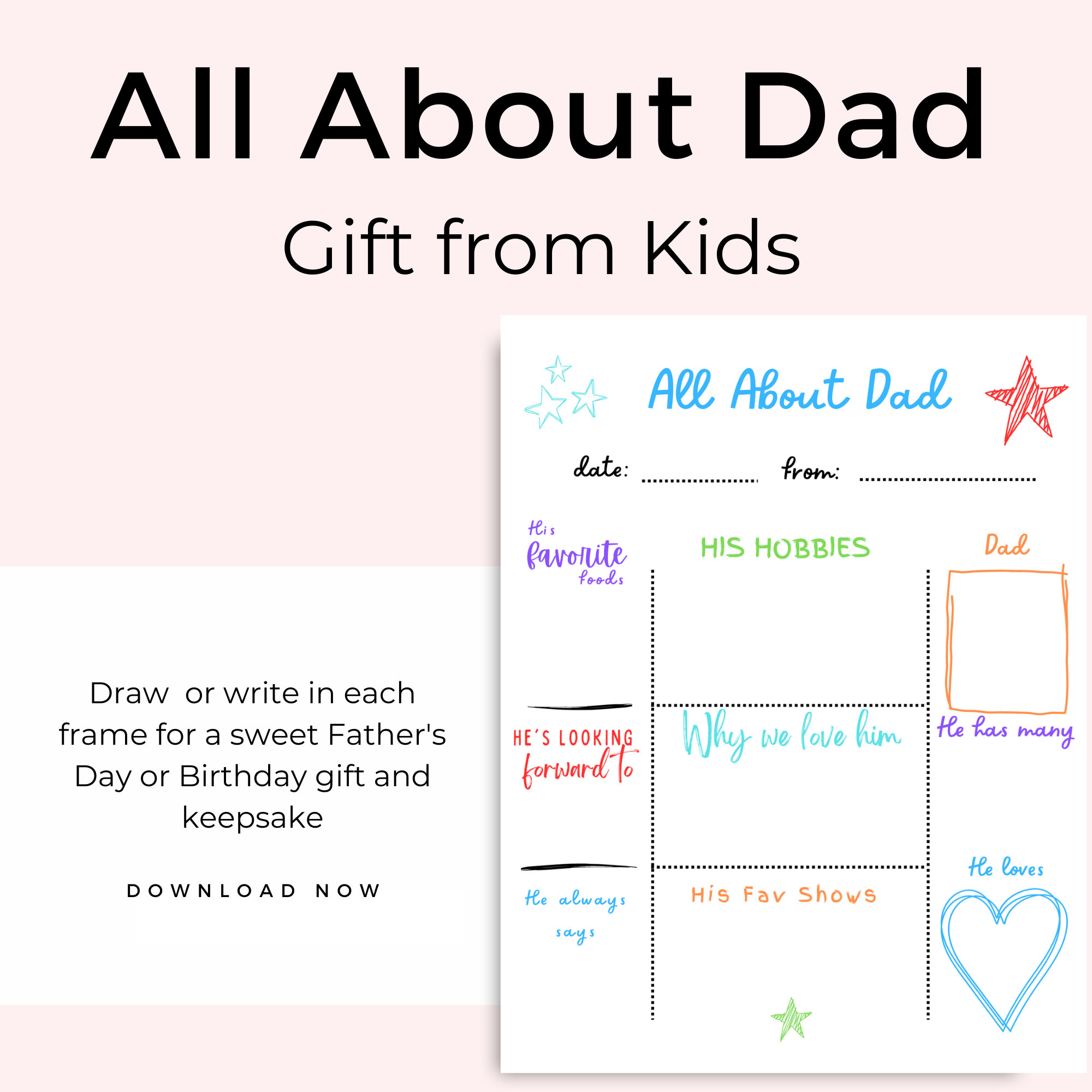 All About Dad Printable Multicolor Card, Father's Day Letter From Kids ...