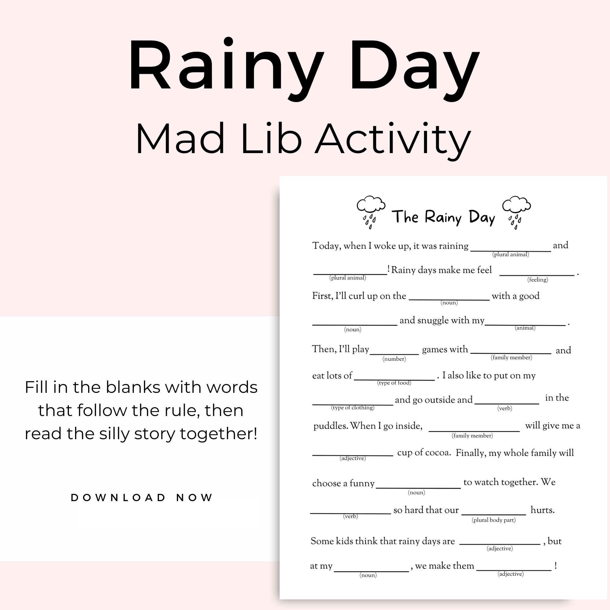 Rainy Day Activity for Kids, Family Mad Lib Game, Rainy Day Mad Lib ...