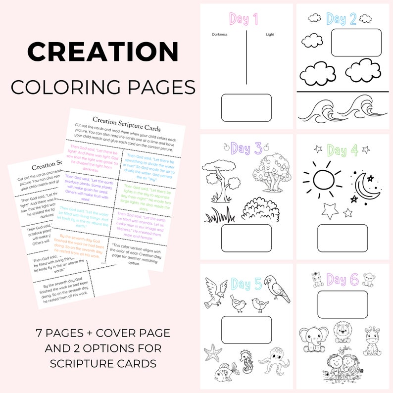 Creation Days Coloring Pages Matching Activity, 7 Days of Creation ...