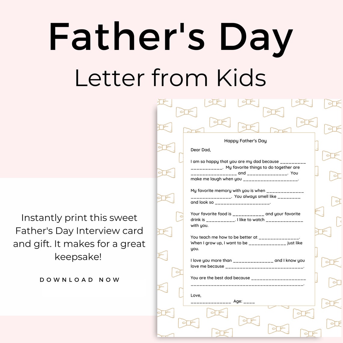 Father's Day Letter From Kids Printable Gold Outlined Bowties, Card for ...