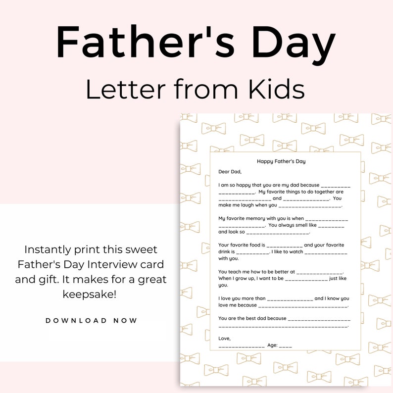 Father's Day Letter From Kids Printable Gold Outlined Bowties, Card for ...