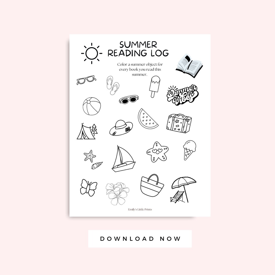 Summer Reading Log for Kids Black & White, Coloring Page for Summer ...