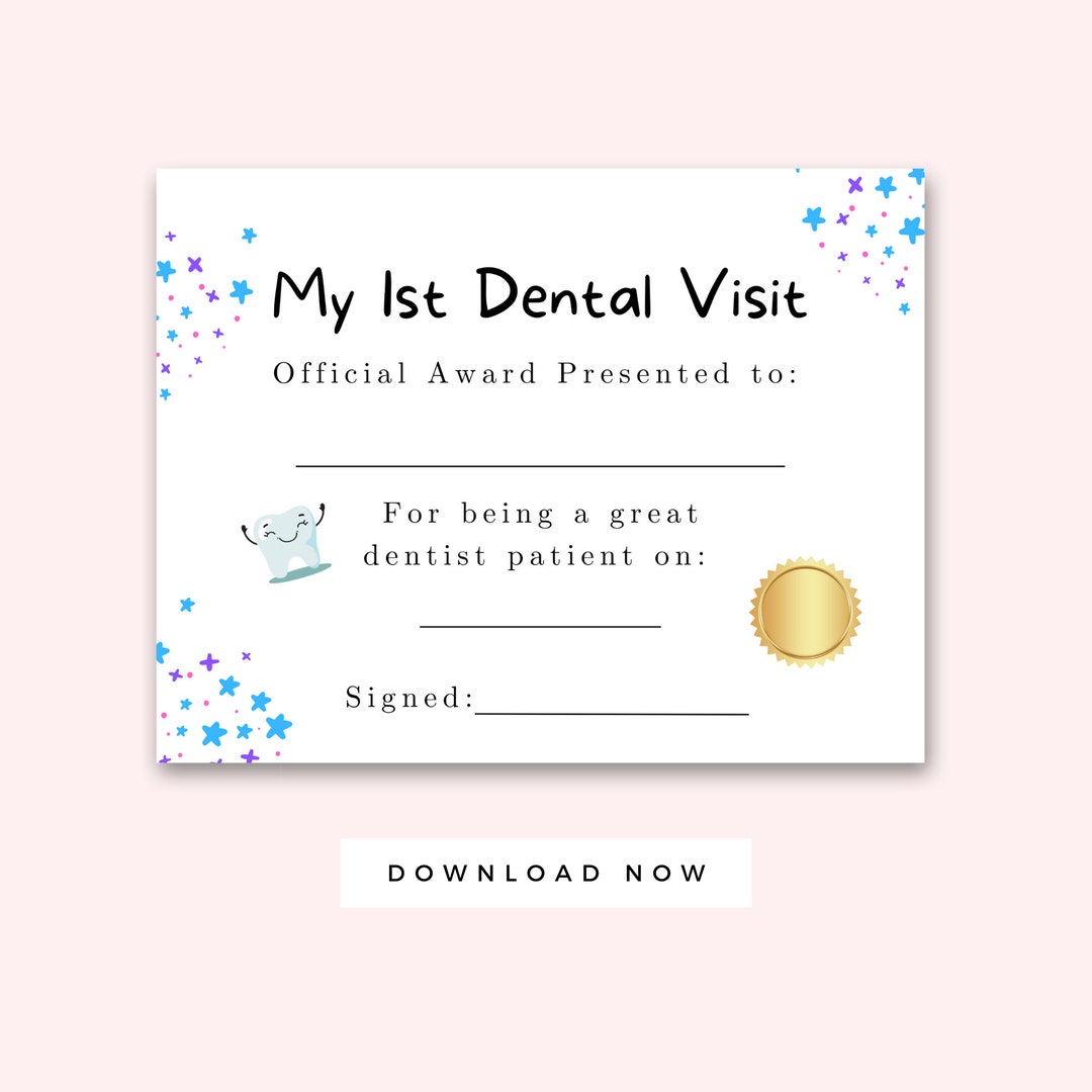My 1st Dental Visit Official Certificate Printable, First Dentist Award ...