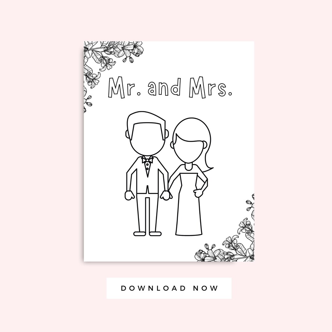 Mr. and Mrs. Minimalist Wedding Coloring Page for Kids, Black and White ...