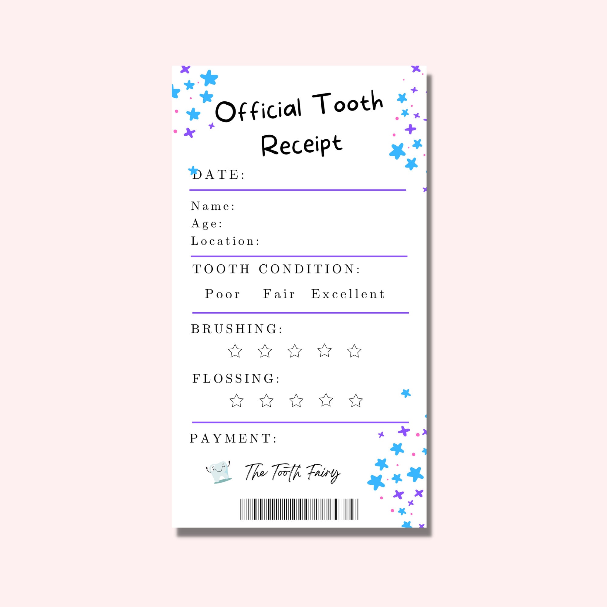 Tooth Fairy Receipt for Kids Printable, 3.5 X 6.5'' Bright Stars Tooth ...