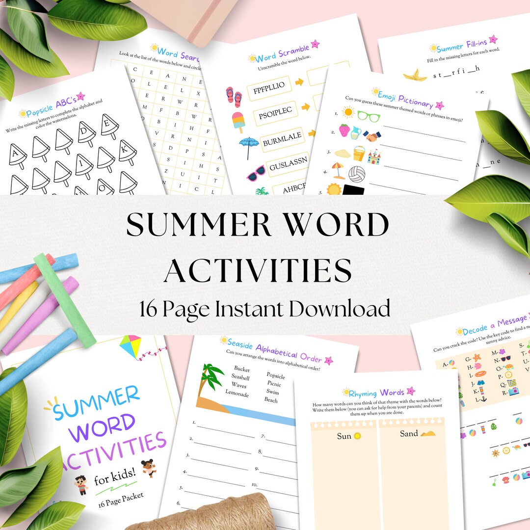 Summer Themed Word Activities for Kids 16 Page Printable, Word Search ...