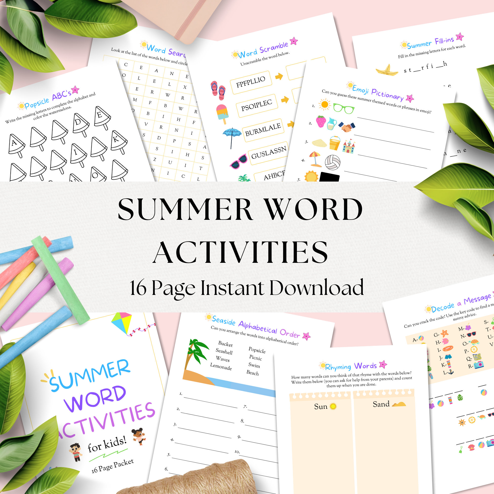 Summer Themed Word Activities for Kids 16 Page Printable, Word Search ...