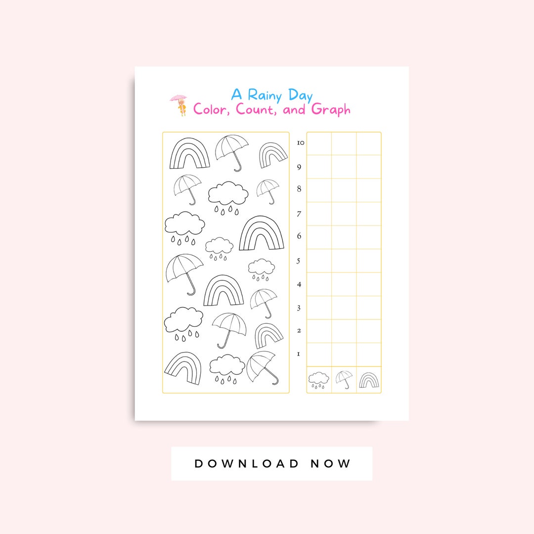 Rainy Day Activity Printable for Kids, Color Count and Graph Worksheet ...