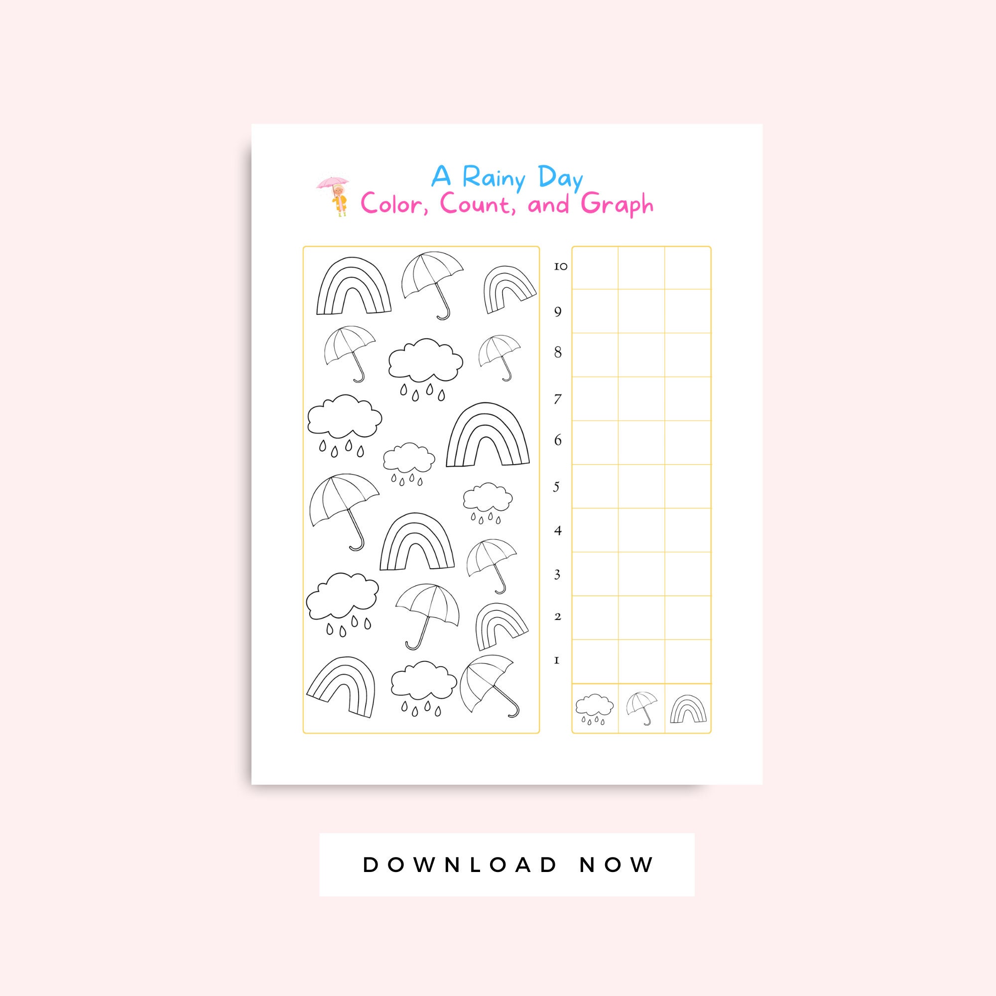 Rainy Day Activity Printable for Kids, Color Count and Graph Worksheet ...