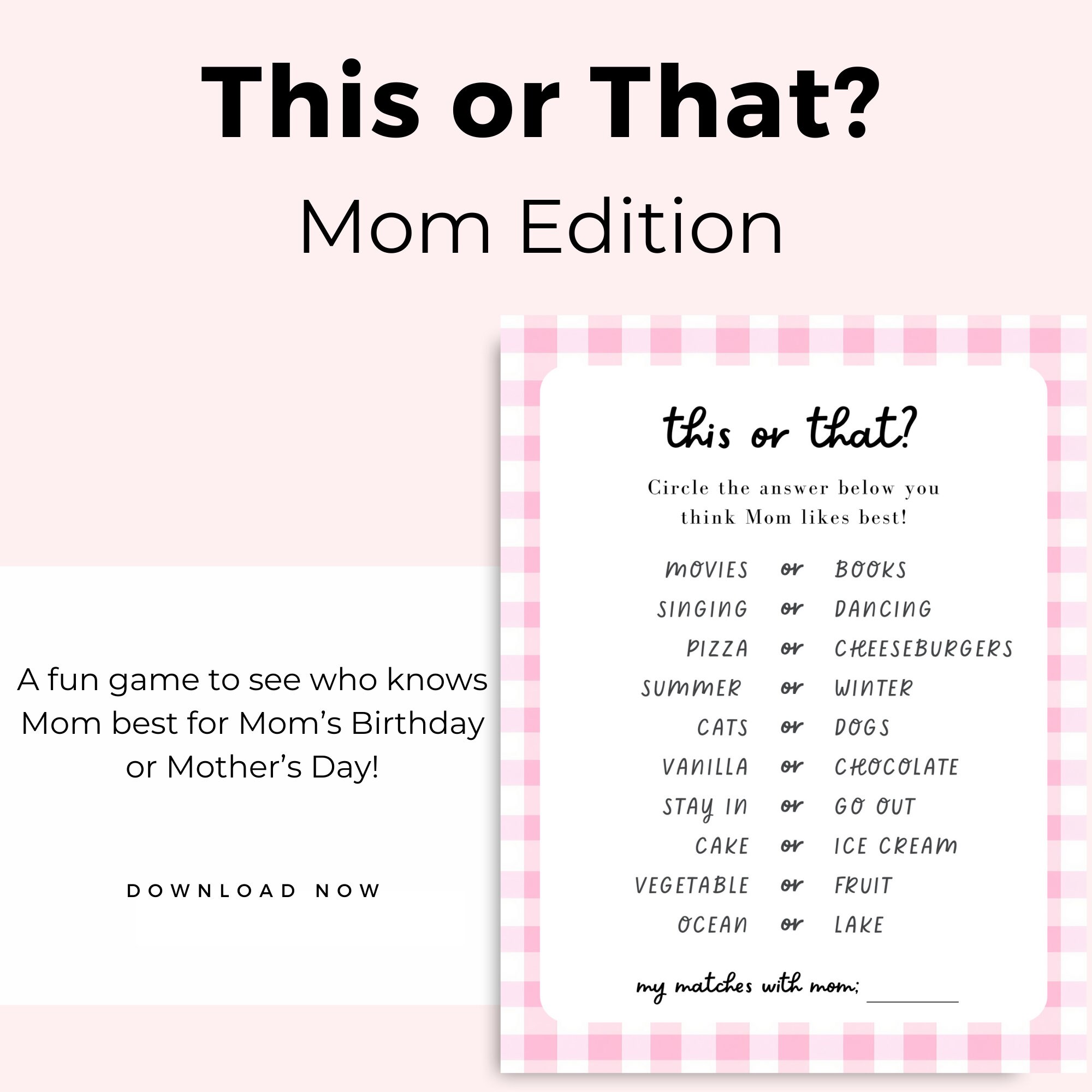 This or That Printable Game Mom Edition, Mother's Day Family Activity ...