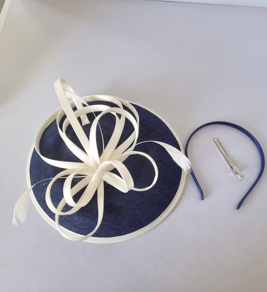 Navy Blue With Cream Colour Fascinator With Feathers Headband - Etsy