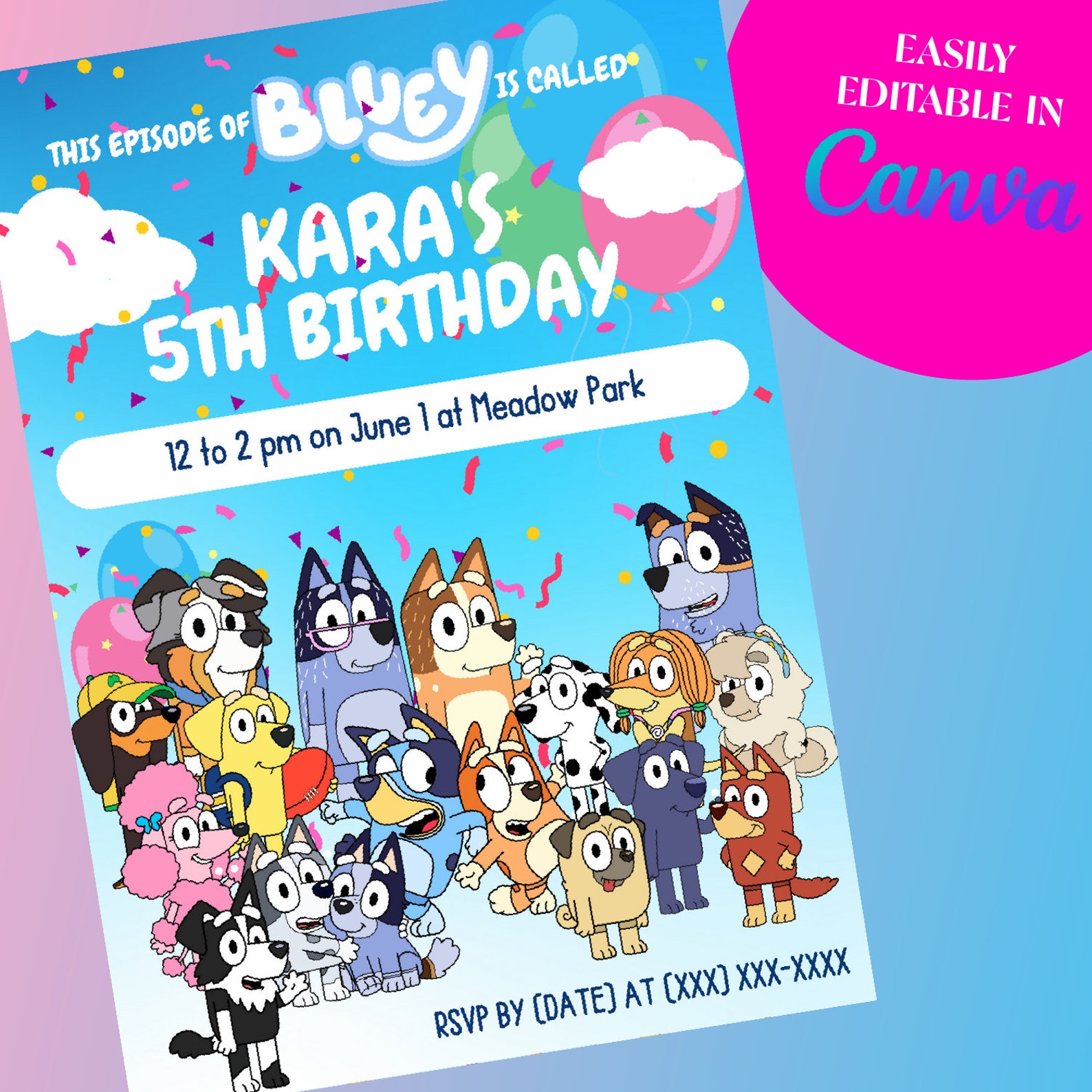 FOUR Bluey Birthday Invitation Printable Templates, Editable and ...