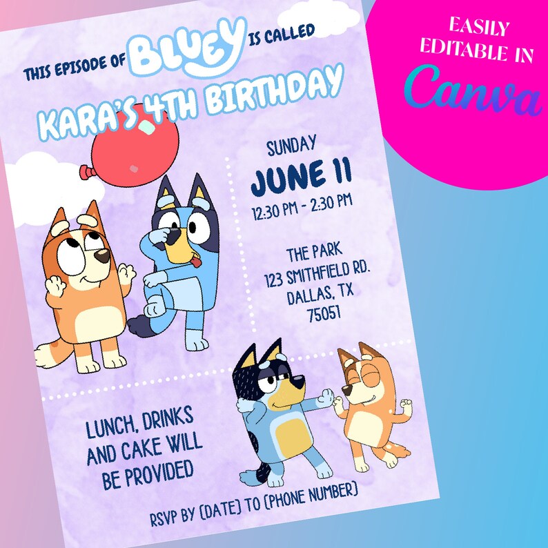 FOUR Bluey Birthday Invitation Printable Templates, Editable and ...