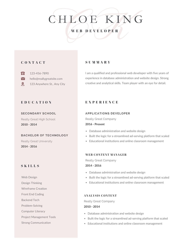 Aesthetic Resume Template | Chloe King Template Style - Etsy