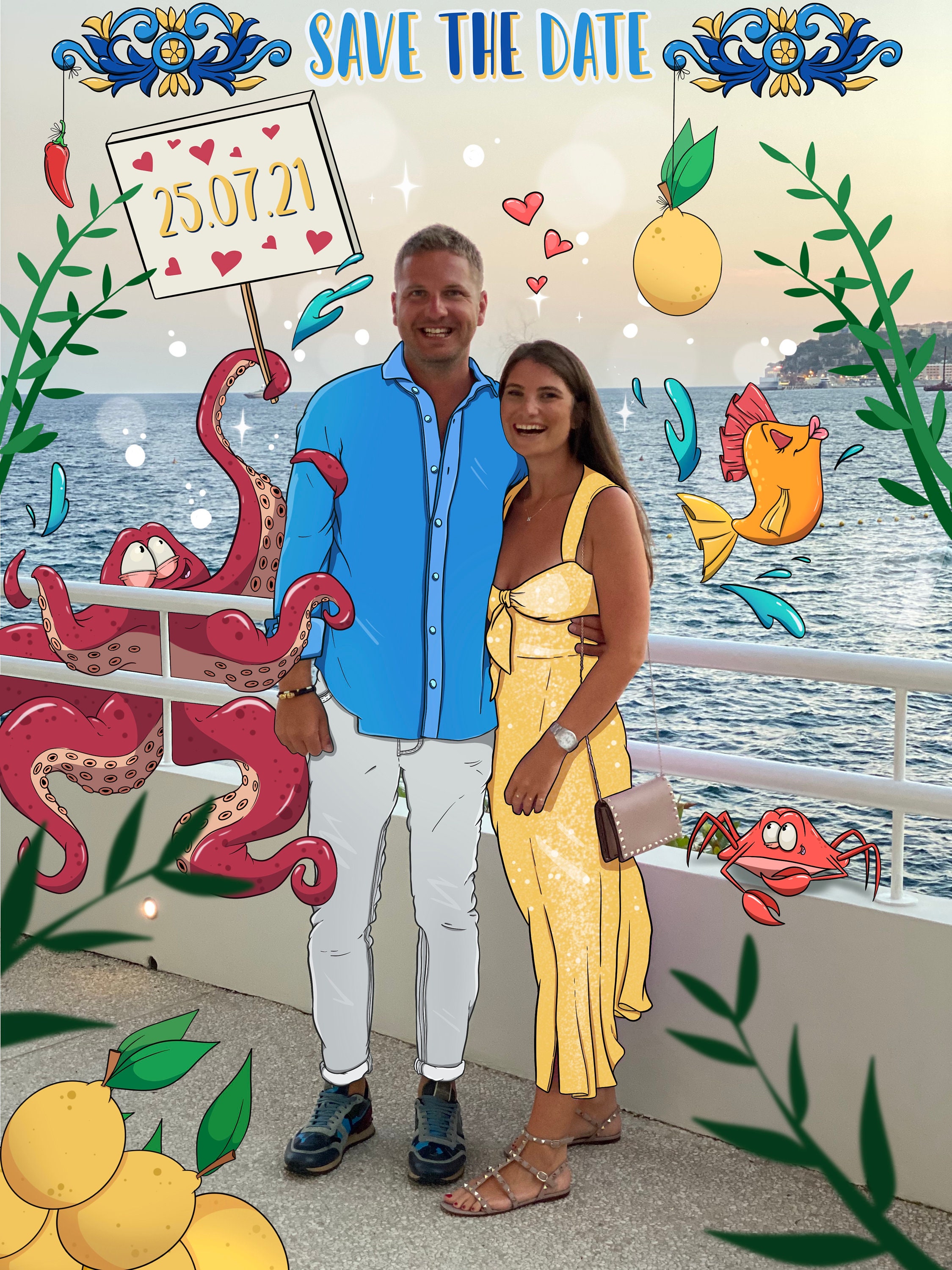 Custom Art Illustration Couple Save the Date Digital Drawing ...